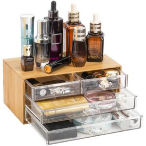 okllen bamboo cosmetic storage organizer with 4 acrylic drawers, clear makeup organizer jewelry storage box, desktop organizer dresser display case for skincare, hair accessories, bathroom counter