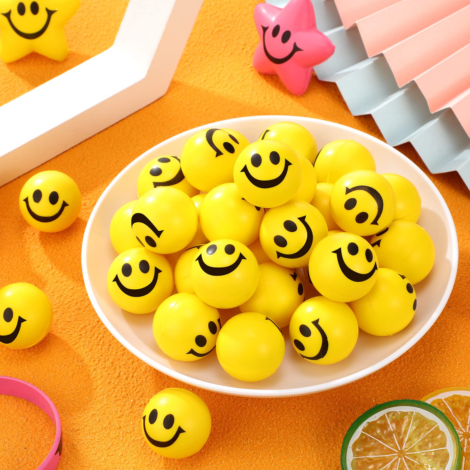 200 Pack Smile Face Stress Balls Mini Stress Balls 1.2 Inch Colored Soft Foam Stress Balls Funny Face Small Stress Balls for Teens Adults Stress Relief Balls Party Reward Gift (Yellow)