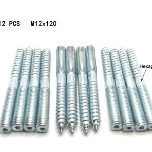 Haozheng Hanger Bolt M12x120 Silvery Double Headed Bolt Self-Tapping Screw with Hexagon for Furniture 12Pcs