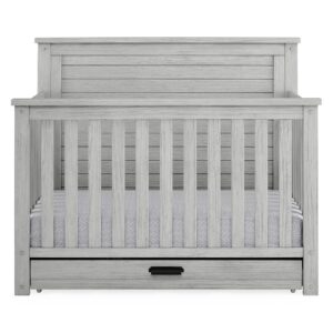 delta children simmons kids caden 6-in-1 convertible crib with trundle drawer, greenguard gold certified, rustic mist