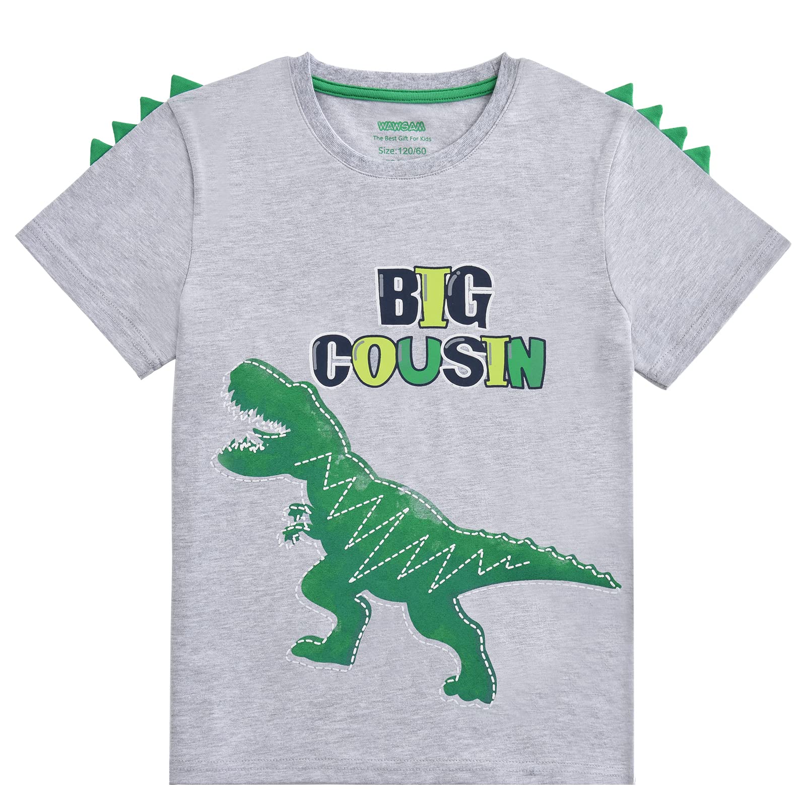 WAWSAM Dinosaur Big Cousin T-Shirt Birthday Boy Shirt for Toddler Boys of The Matching Family Short Sleeve Grey, 4-5T