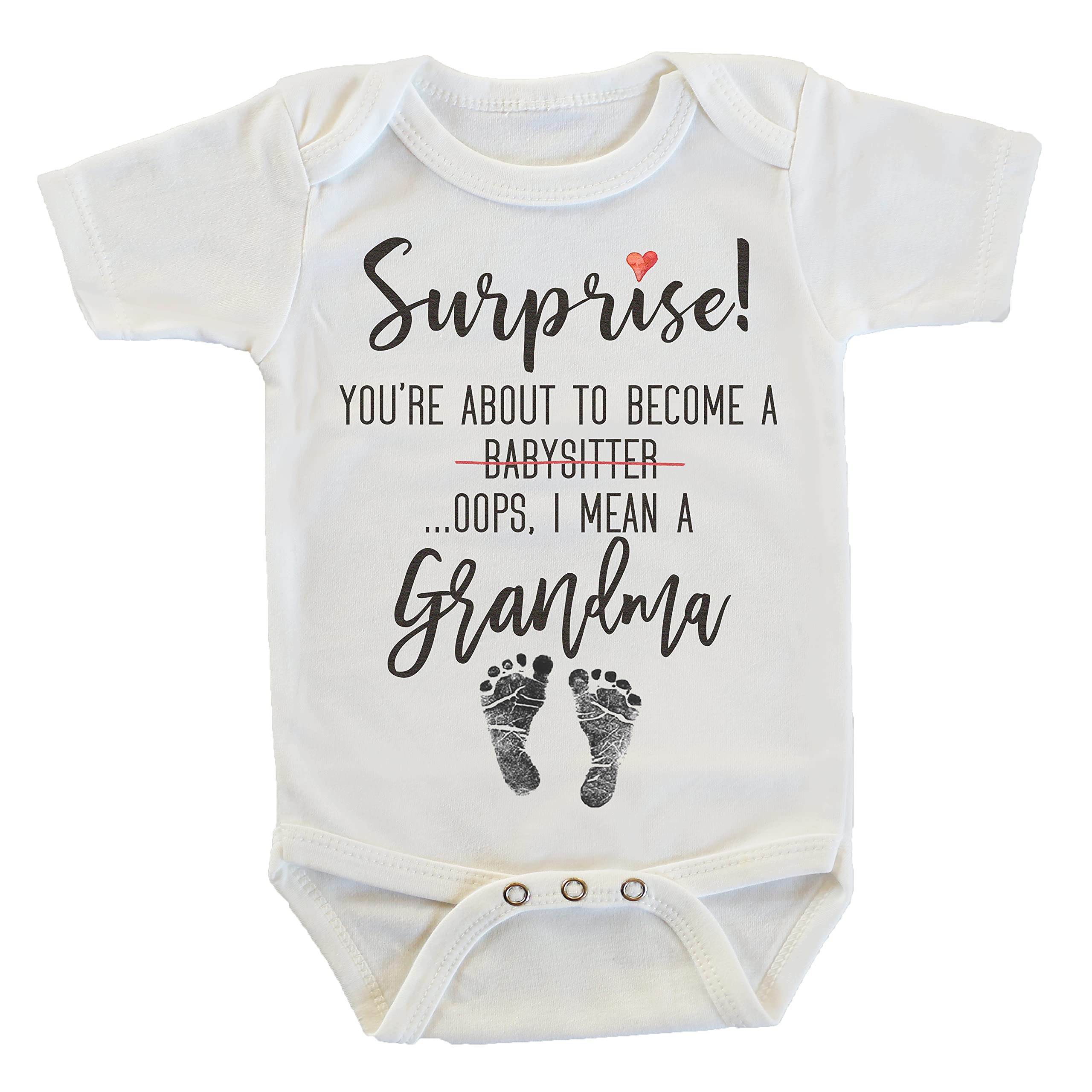 Surprise You're About to Become A Babysitter funny Pregnancy Reveal Announcement gift Grandparents Grandma Grandpa Grandmother Grandfather Aunt Uncle Godmother Big Sister Onesie/Bodysuit (Grandma 2)