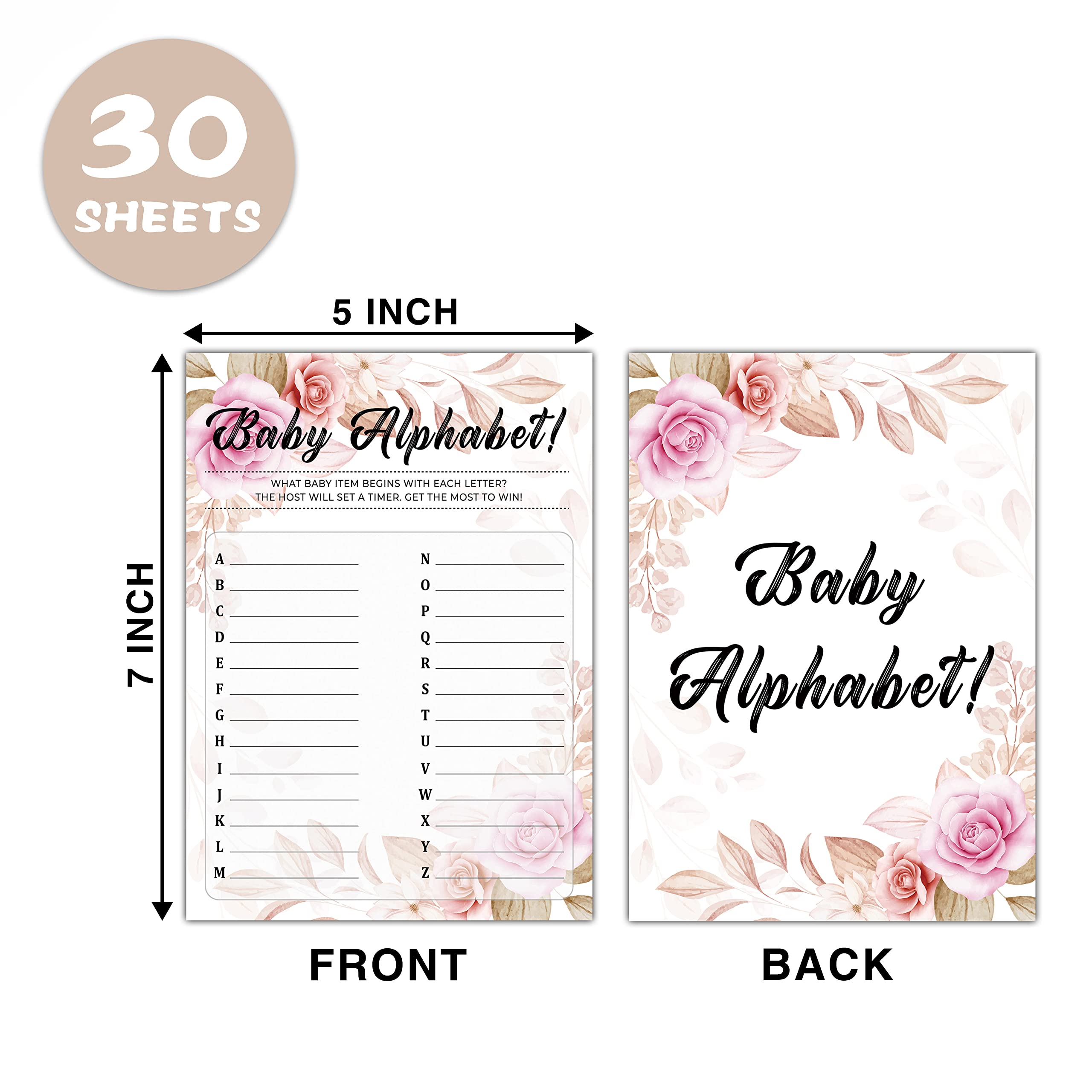 OICPYD Floral Baby Shower Games - Baby Alphabet Game - Baby Shower Party Cards for Boy & Girl- 30 Cards Pack(pink11)