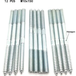 Haozheng Hanger Bolt M10x150 Silvery Double Headed Bolt Self-Tapping Screw with Hexagon for Furniture 12Pcs