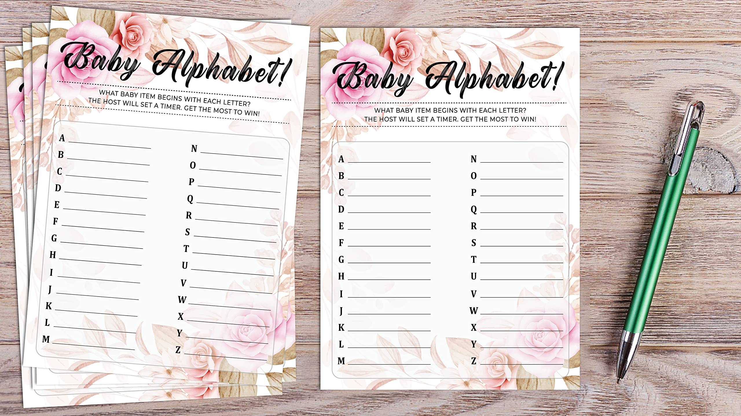 OICPYD Floral Baby Shower Games - Baby Alphabet Game - Baby Shower Party Cards for Boy & Girl- 30 Cards Pack(pink11)