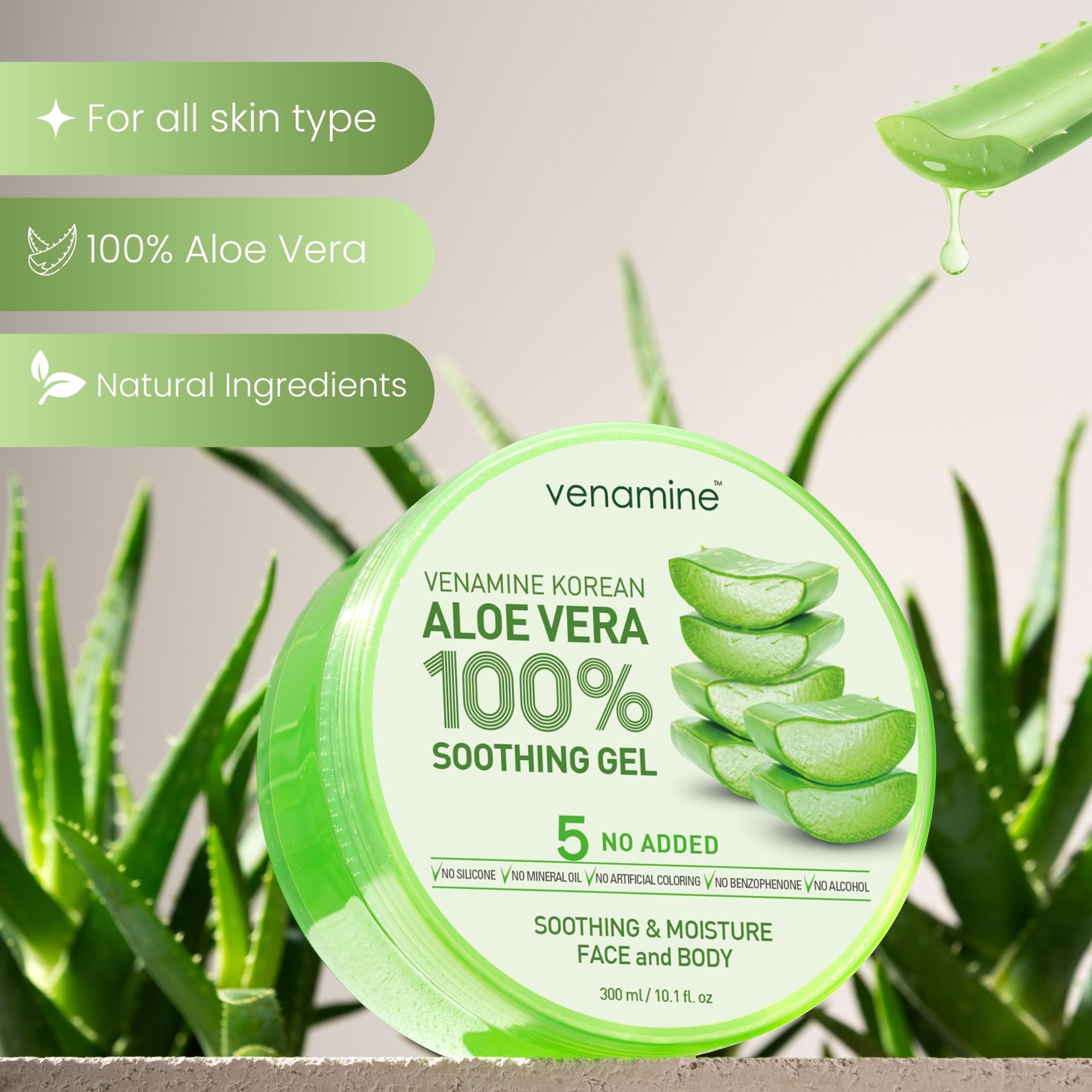 VENAMINE Korean Aloe Vera Soothing & Moisture Gel 100% For Face And Body organic pure aloe vera gel 300ml