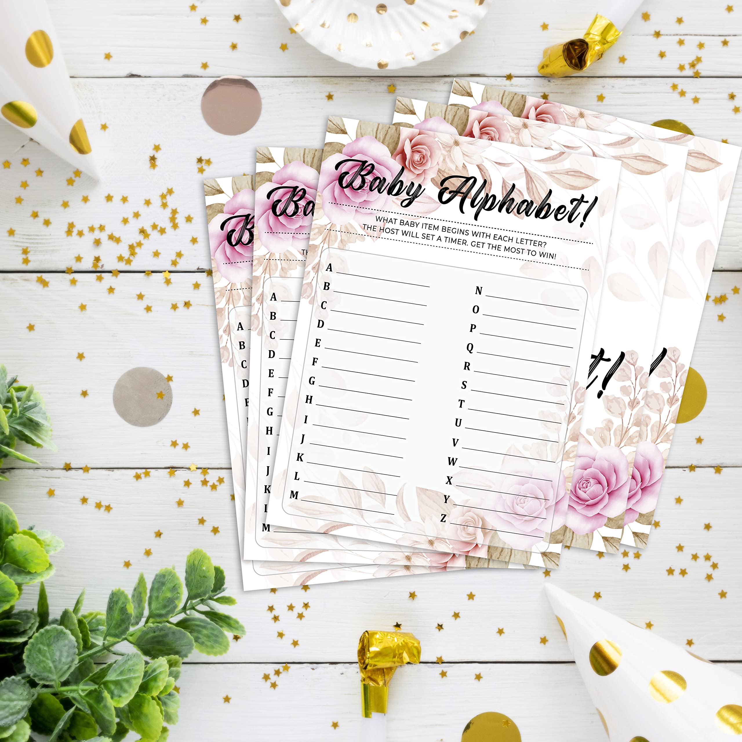 OICPYD Floral Baby Shower Games - Baby Alphabet Game - Baby Shower Party Cards for Boy & Girl- 30 Cards Pack(pink11)