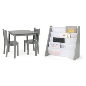 humble crew grey kids wood table, 2 chairs and 4 tier book rack set