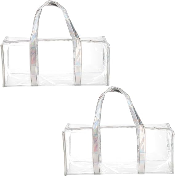 Lyellfe 2 Pack Clear Duffle Bag for Women, Heavy Duty Sports Tote Gym Bag, Large PVC Tote Bag with Zipper, Plastic Makeup Toiletry Bag for Gym, Travel, Beach and Picnic