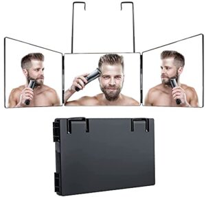 xkwl rechargeable 3 way trifold mirror with light, 360° barber mirror for self hair cutting, hair styling, shaving, grooming, dye hair and makeup, light and height adjustable (black)