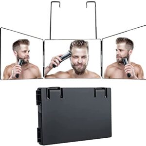 XKWL Rechargeable 3 Way Trifold Mirror with Light, 360° Barber Mirror for Self Hair Cutting, Hair Styling, Shaving, Grooming, Dye Hair and Makeup, Light and Height Adjustable (Black)