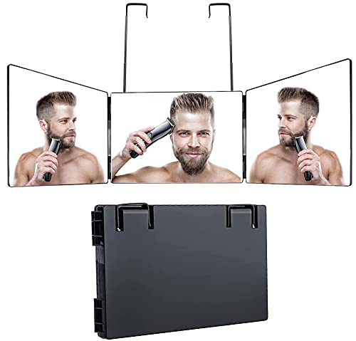 XKWL Rechargeable 3 Way Trifold Mirror with Light, 360° Barber Mirror for Self Hair Cutting, Hair Styling, Shaving, Grooming, Dye Hair and Makeup, Light and Height Adjustable (Black)