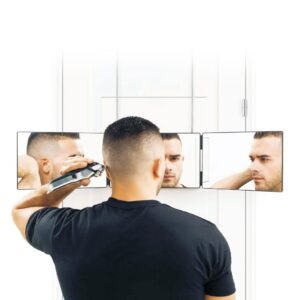 XKWL Rechargeable 3 Way Trifold Mirror with Light, 360° Barber Mirror for Self Hair Cutting, Hair Styling, Shaving, Grooming, Dye Hair and Makeup, Light and Height Adjustable (Black)