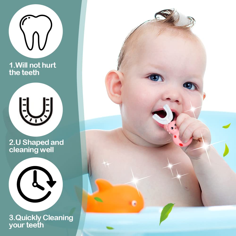 CEECOLES Kids U-Shaped Toothbrush, Cute Cartoon -Design Whole Mouth Cleaning Tooth Brush, U Type with Food Grade Soft Silicone Head for Kid Child 2 - 6 Years Old (KonglongtoothRED)