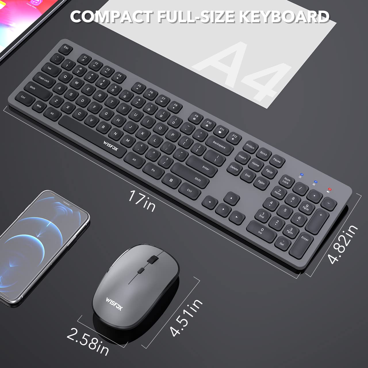 Wireless Keyboard and Mouse Silent Compact Full-Size Keyboard with Responsive Keys Slim Design Noiseless 2.4G Keyboard Mouse Set Battery Powered, Cordless Combo for Mac, Computer, PC, Chromebook Grey