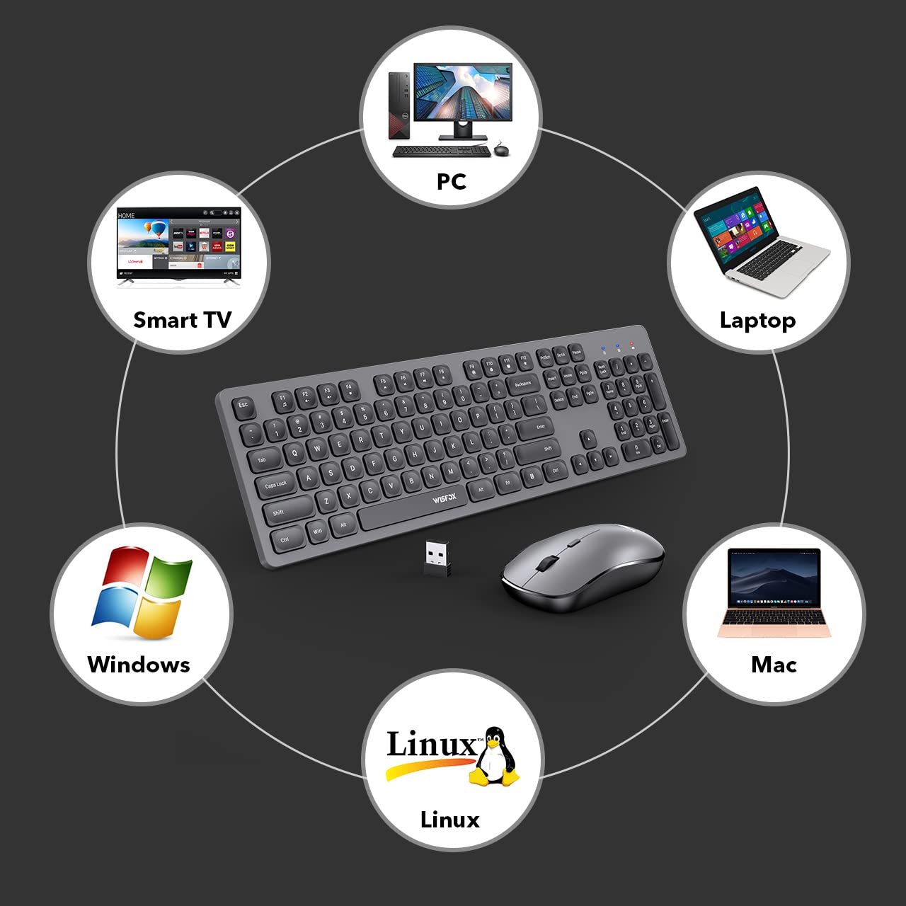 Wireless Keyboard and Mouse Silent Compact Full-Size Keyboard with Responsive Keys Slim Design Noiseless 2.4G Keyboard Mouse Set Battery Powered, Cordless Combo for Mac, Computer, PC, Chromebook Grey