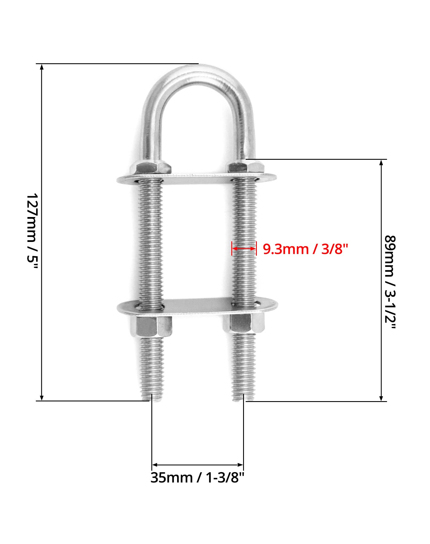 QWORK Marine Boat Stern Eye Tie Down U Bolt, 2 Pack, 3/8" Dia, 3-1/2" Thread Length, Stainless Steel