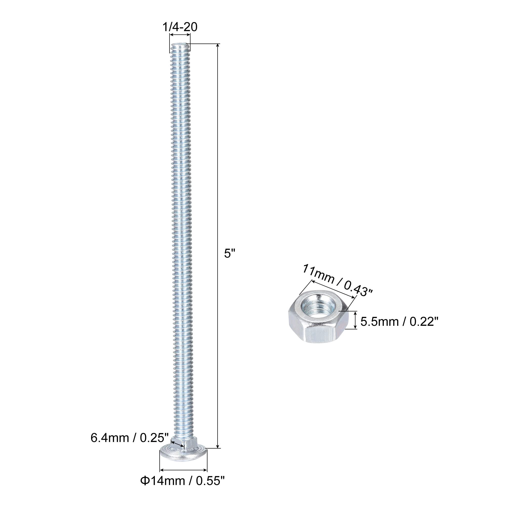 uxcell 1/4-20 x 5" Square Neck Carriage Bolts with Nuts & Washers, Carbon Steel Coach Bolt Screws 10 Set