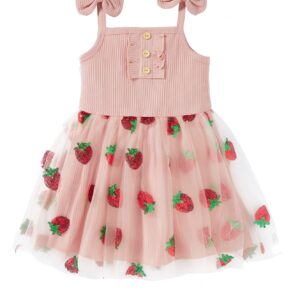 Toddler Baby Girl Dress Sleeveless Strap Knit Dress Daisy Tutu Dresses Princess Sundress (Pink Strawberry, 18M)