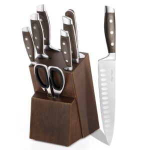 enfmay knife set, 8 pieces high carbon kitchen knife set with block, stainless steel chef knife set with sharpener, full tang, classical style