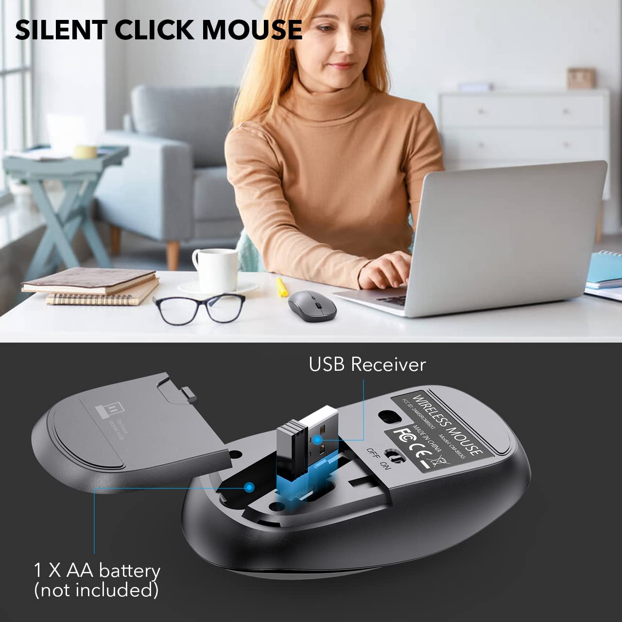 Wireless Keyboard and Mouse Silent Compact Full-Size Keyboard with Responsive Keys Slim Design Noiseless 2.4G Keyboard Mouse Set Battery Powered, Cordless Combo for Mac, Computer, PC, Chromebook Grey