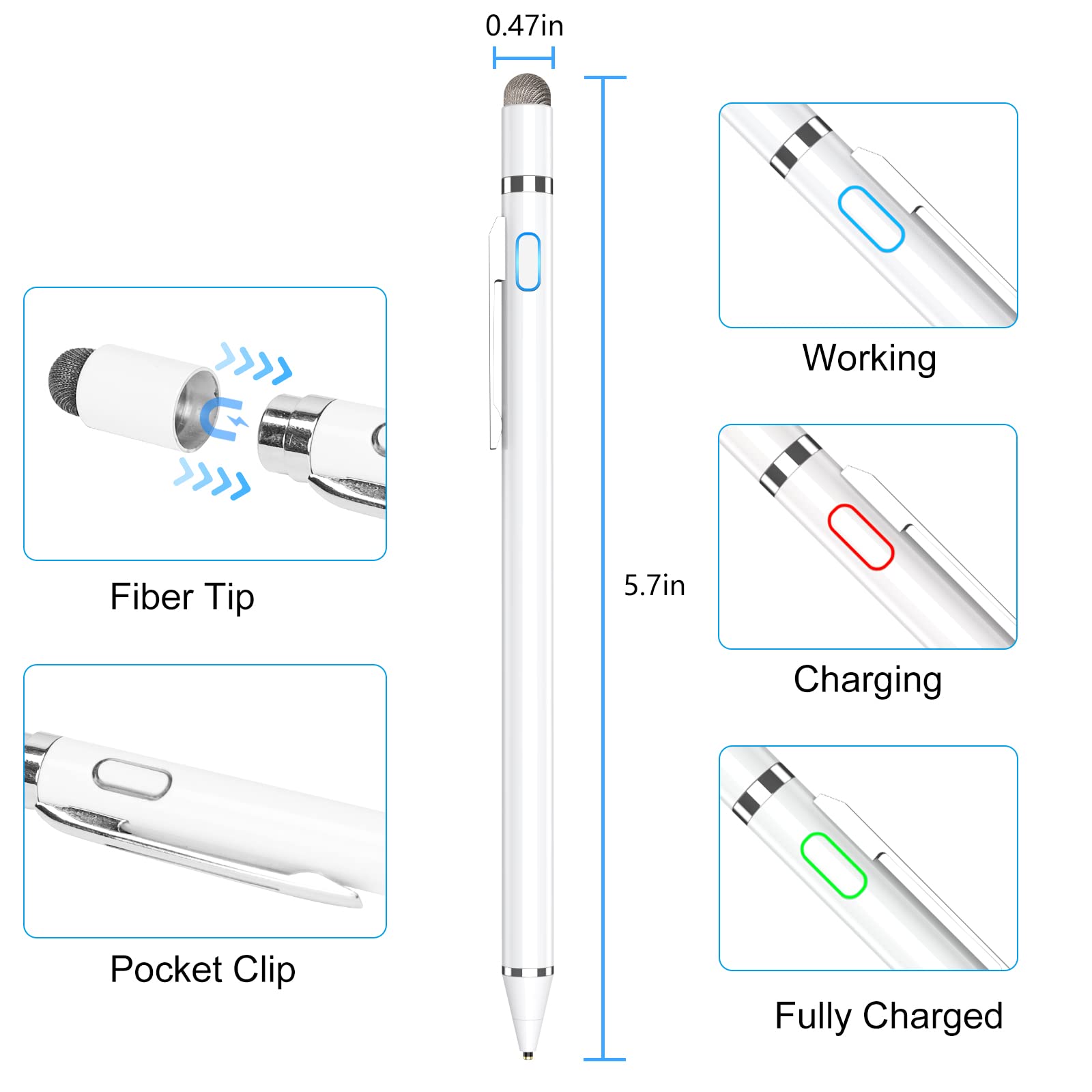 Stylus Pens for Touch Screens, Fine Point Rechargeable Active Stylus Pencil Digital Pens Compatible with iPhone iPad HP DELL Tablet Chromebook Kindle Fire (White)