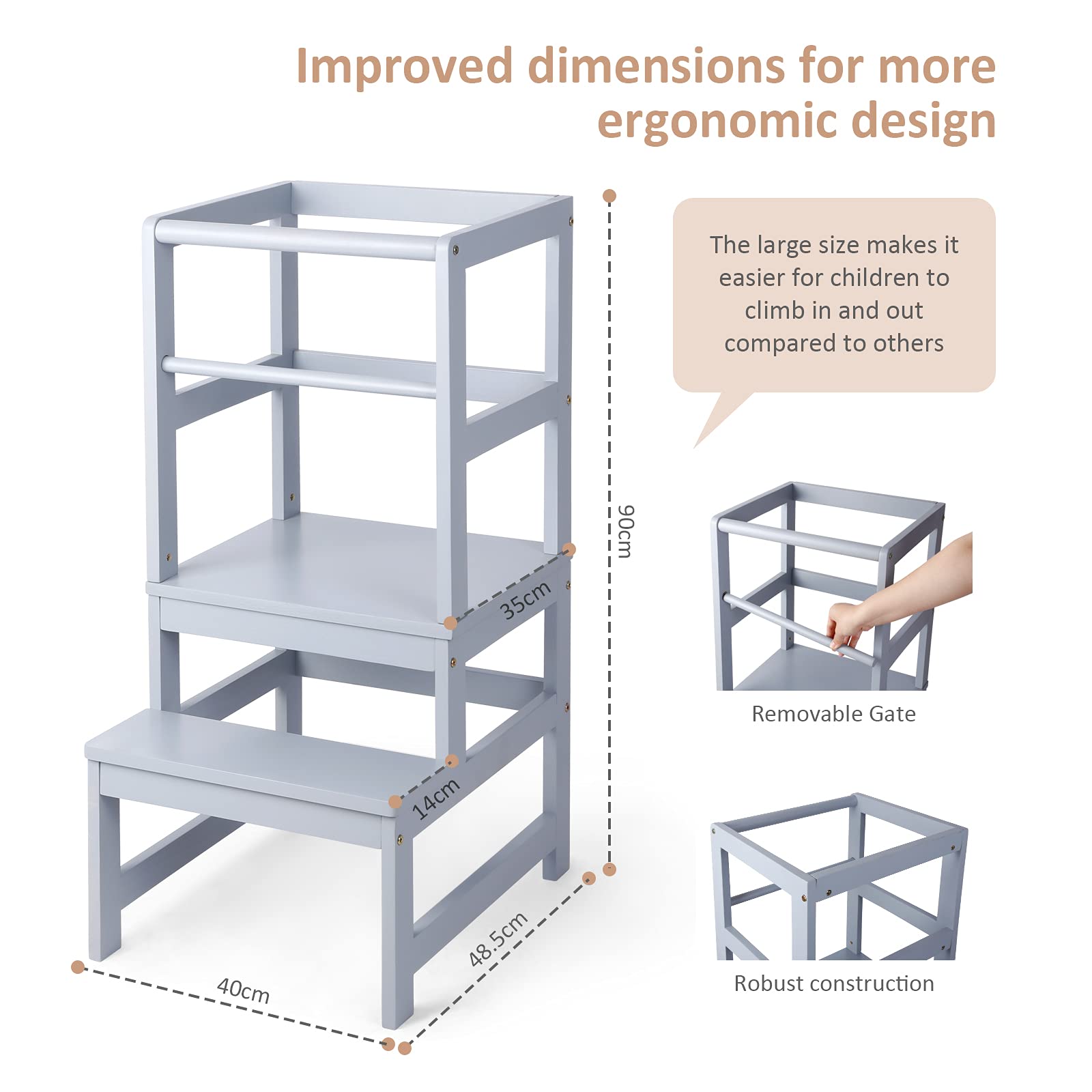 Toddler Tower, Kids Step Stool, Kitchen Helper Step Stool for Kids and Toddlers, 2 Steps Stool with Safety Rail, Wooden/ 40x48.5x90cm/ Grey