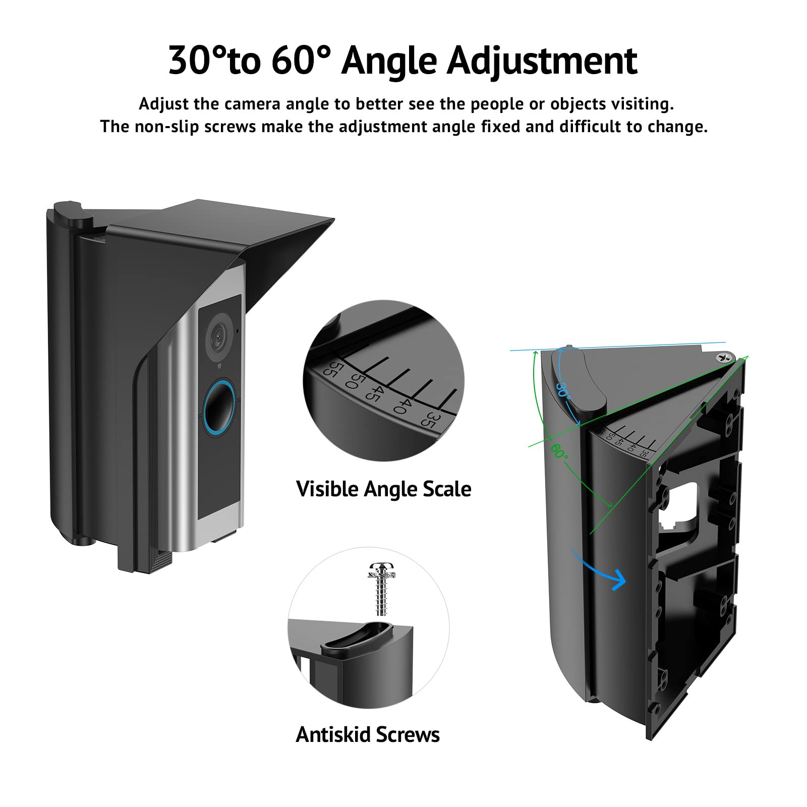 Ayotu 30 to 60 Degree Waterproof Adjustable Angle Mount for Video Doorbell 1/2/3/3Plus/4/Pro/Pro2/(2020 Release), Mounting Bracket with Weatherproof Cap Wedge Corner Holder,Black