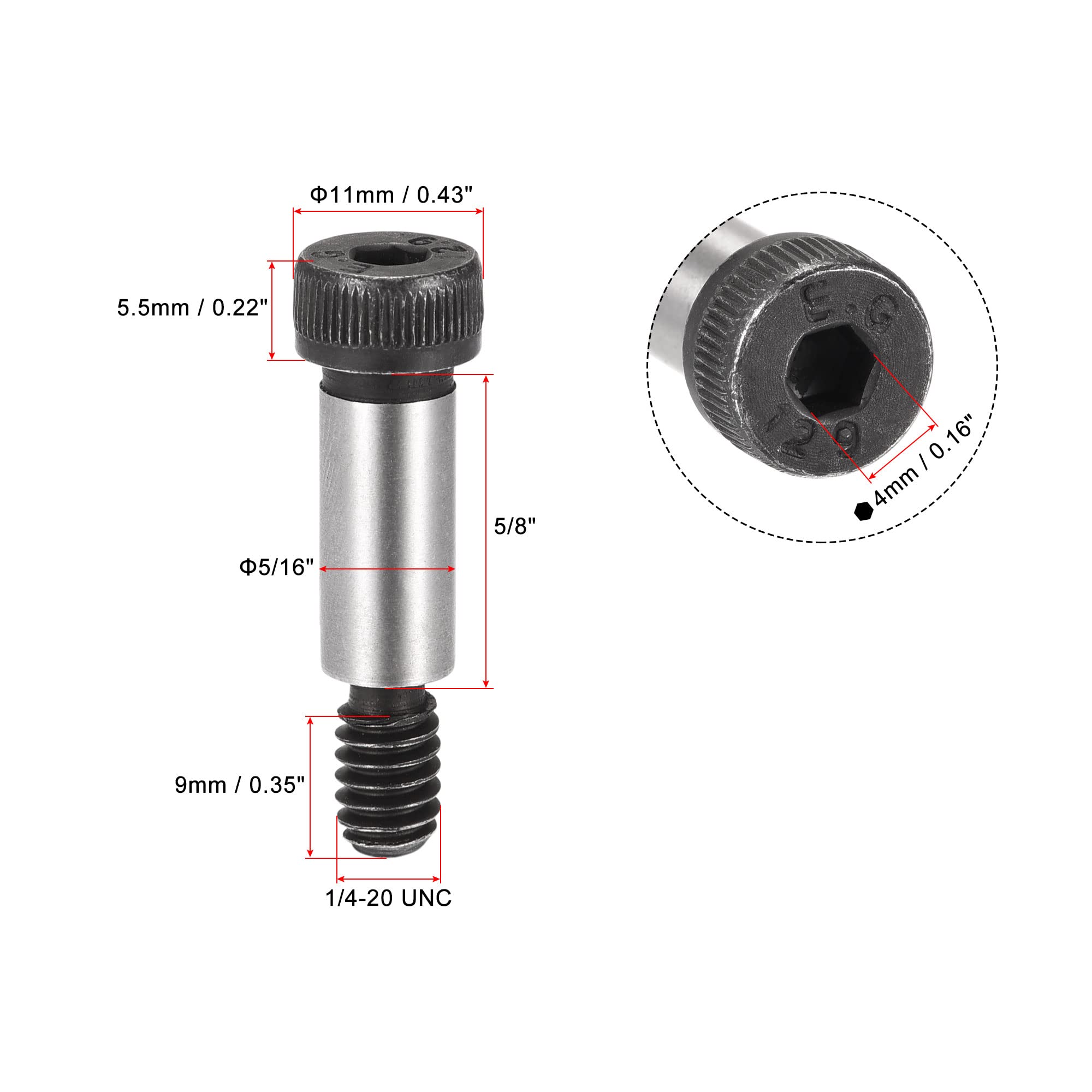 uxcell Alloy Steel Hexagon Socket Head Shoulder Screws Bolts, 5/8" Shoulder Length, 5/16" Shoulder Dia, 1/4-20 Thread, 6pcs