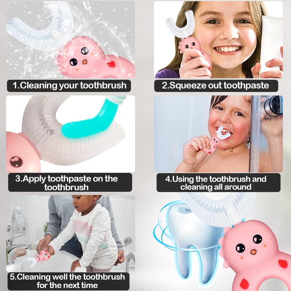 CEECOLES Kids U-Shaped Toothbrush, Cute Cartoon -Design Whole Mouth Cleaning Tooth Brush, U Type with Food Grade Soft Silicone Head for Kid Child 2 - 6 Years Old (KonglongtoothRED)