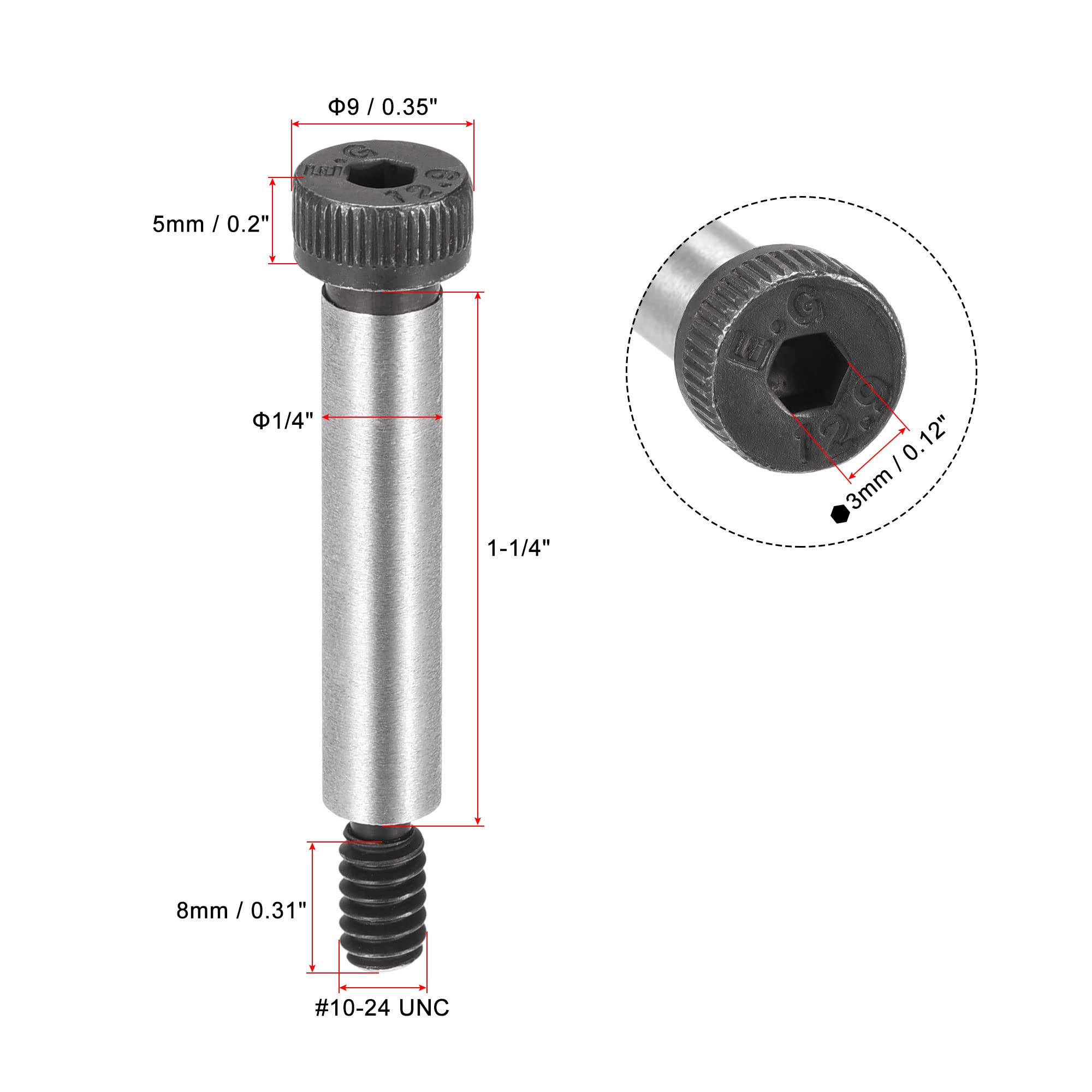 uxcell Alloy Steel Hexagon Socket Head Shoulder Screws Bolts, 1-1/4" Shoulder Length, 1/4" Shoulder Dia, #10-24 Thread, 10pcs