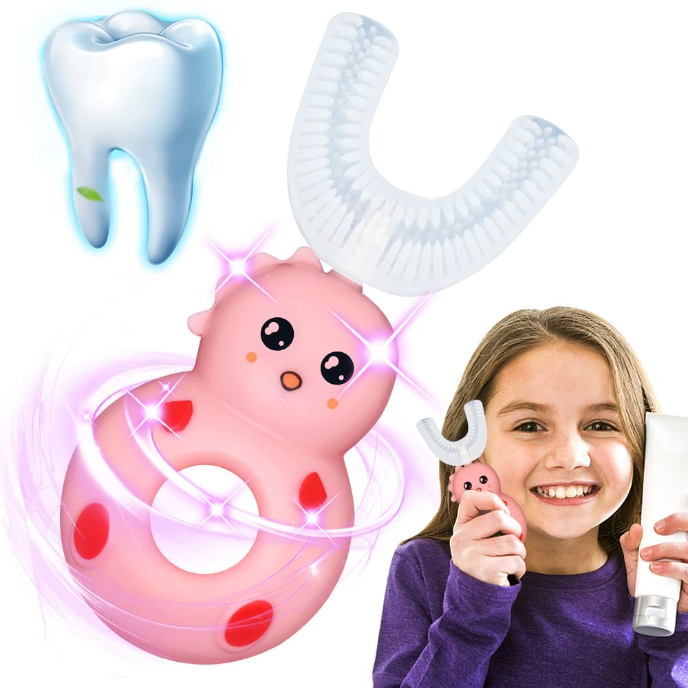 CEECOLES Kids U-Shaped Toothbrush, Cute Cartoon -Design Whole Mouth Cleaning Tooth Brush, U Type with Food Grade Soft Silicone Head for Kid Child 2 - 6 Years Old (KonglongtoothRED)