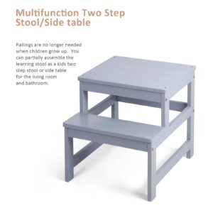 Toddler Tower, Kids Step Stool, Kitchen Helper Step Stool for Kids and Toddlers, 2 Steps Stool with Safety Rail, Wooden/ 40x48.5x90cm/ Grey