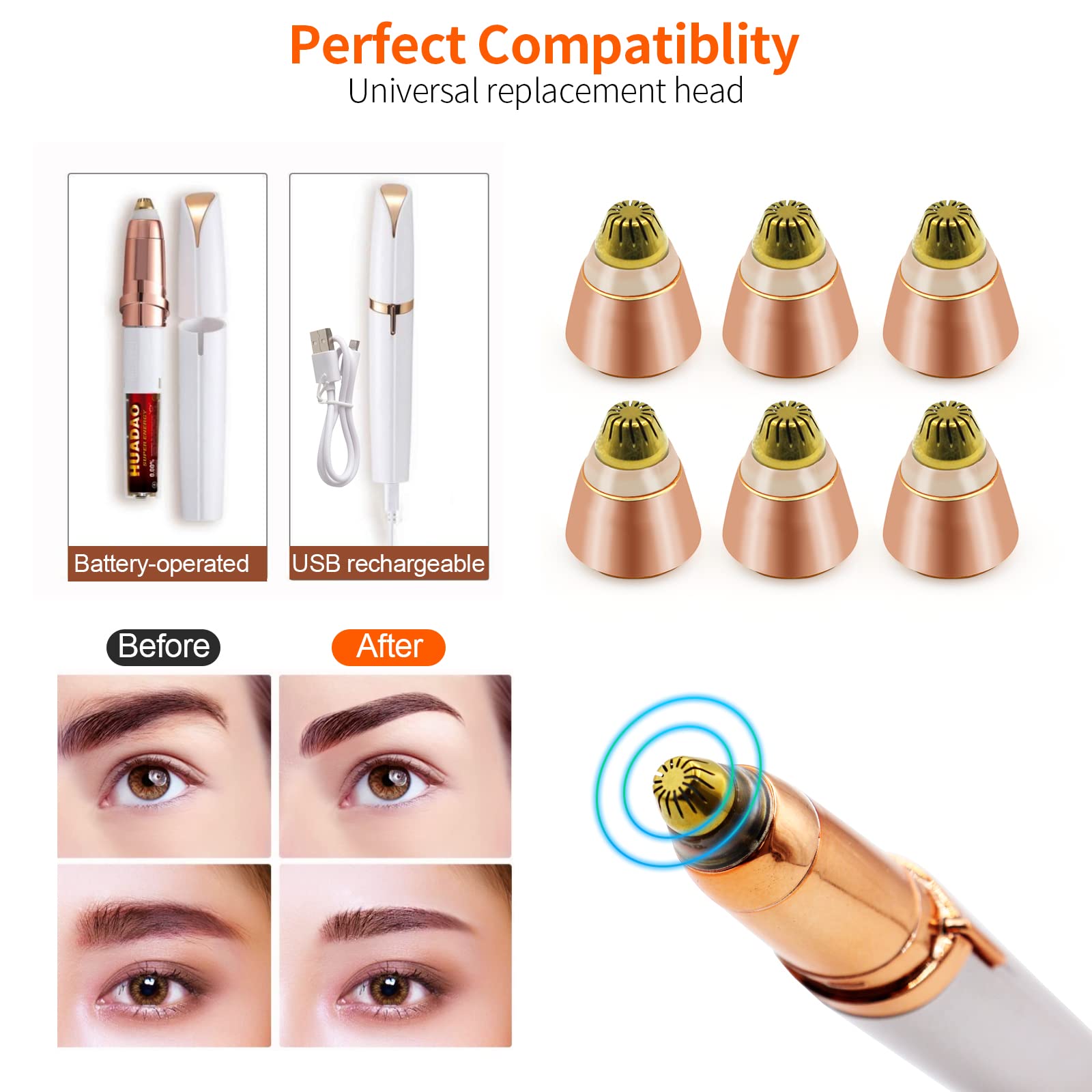 Flawless-Replacement Heads, Compatible with Finishing Touch Flawless Eyebrow Hair Remover Tool As Seen On TV, Perfect Touch and Smooth Finishing, Rose Gold (6Pcs), with Cleaning Brush & Case Storage