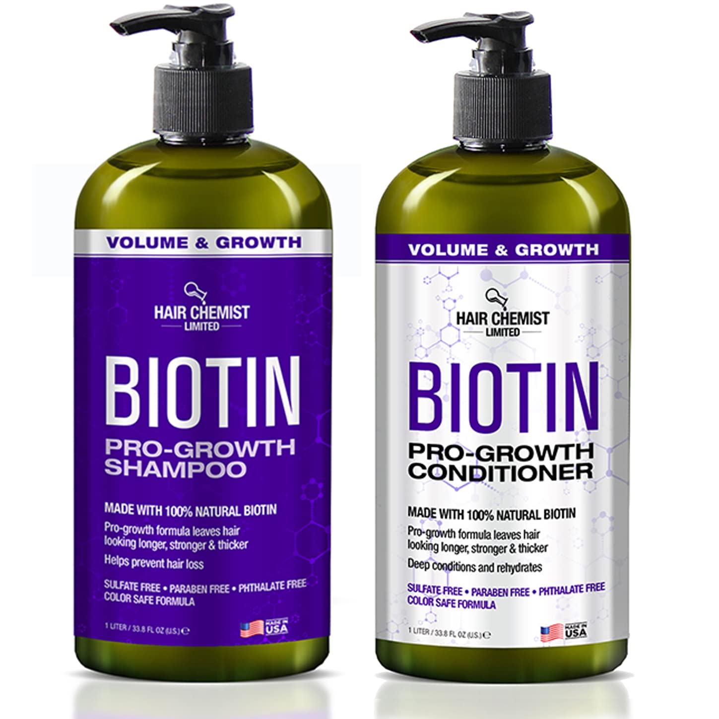 Hair Chemist Biotin Pro-Growth Shampoo & Conditioner Set - Includes 33.8oz Shampoo & 33.8oz Conditioner