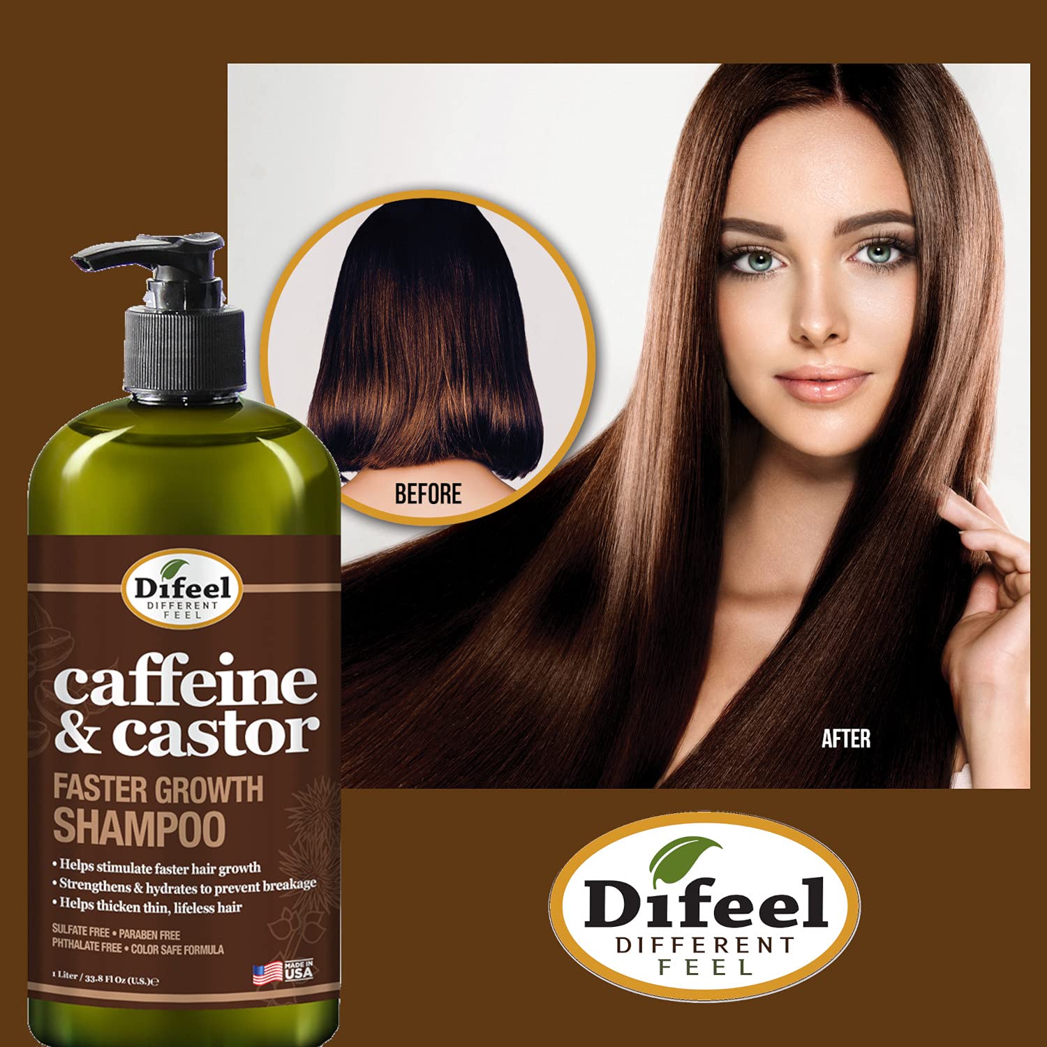 Difeel 2-PC Caffeine & Castor Shampoo & Conditioner for Faster Hair Growth 33.8 oz. - 2PC Shampoo & Conditioner Set