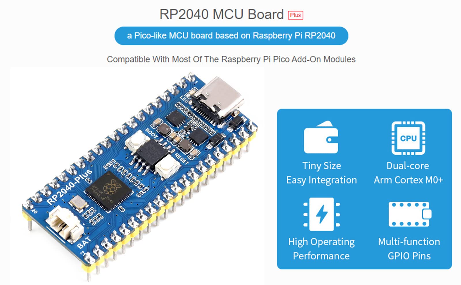 Waveshare RP2040-Plus with Header, Pico-Like MCU Board Based on Raspberry Pi RP2040 Chip, Dual-core Arm Processor, Onboard 4MB Flash, USB-C Connector, Recharge Header, and Higher Current DC-DC Chip