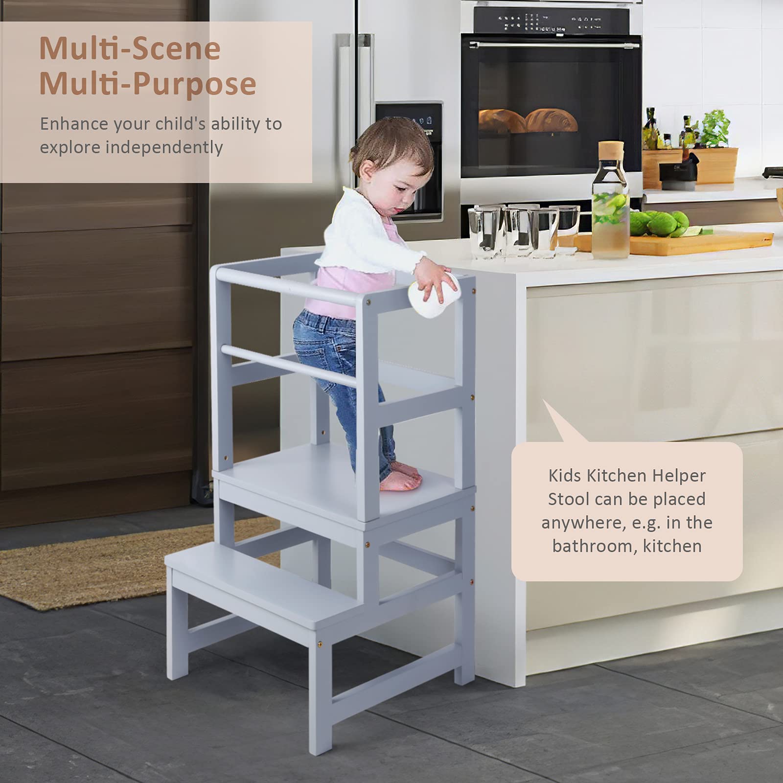 Toddler Tower, Kids Step Stool, Kitchen Helper Step Stool for Kids and Toddlers, 2 Steps Stool with Safety Rail, Wooden/ 40x48.5x90cm/ Grey