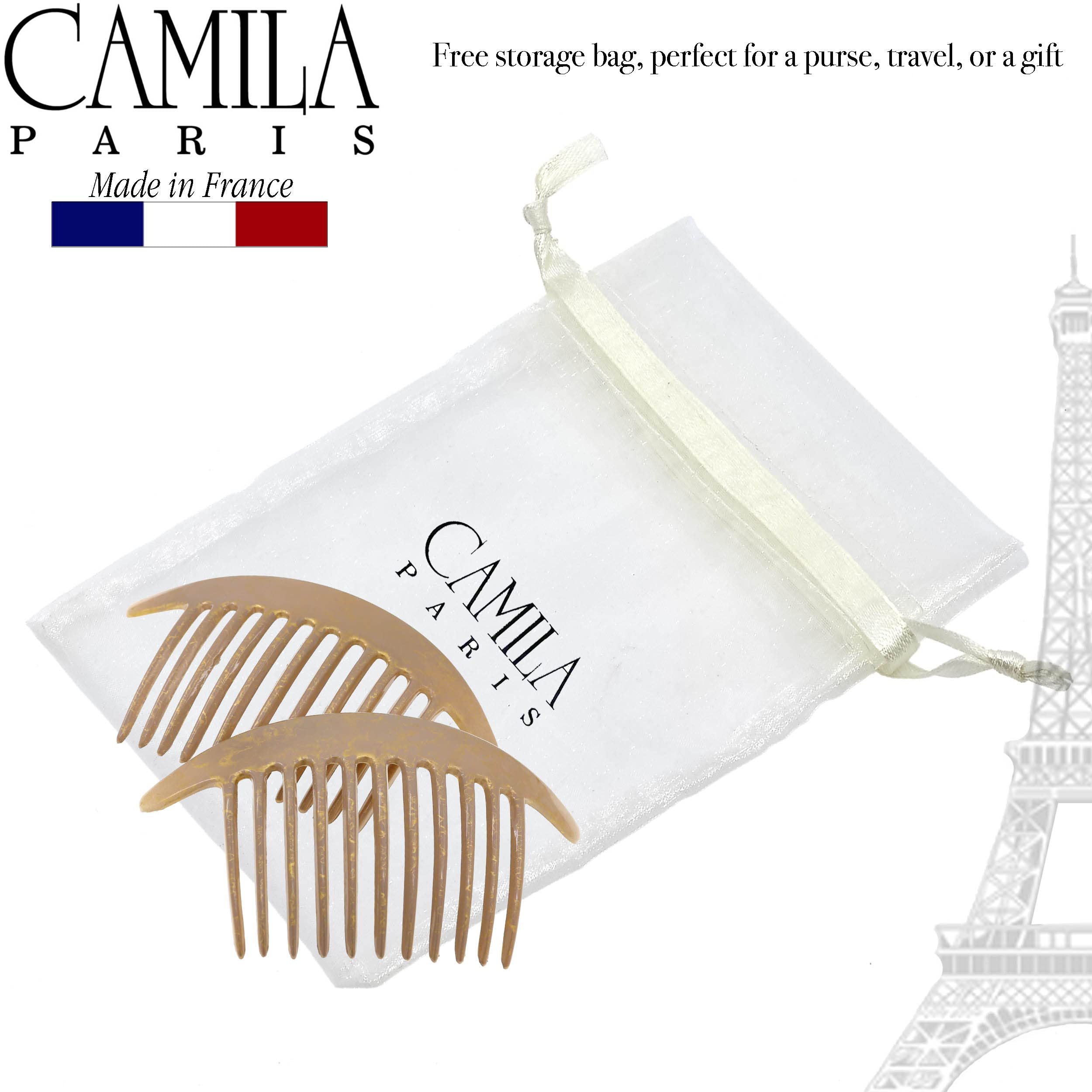 Camila Paris CP2941 French Hair Side Combs, Beige Pearl Interlocking Combs French Twist Hair Combs, Strong Hold Hair Clips for Women Bun Chignon Up-Do, Styling Girls Hair Accessories, Made in France