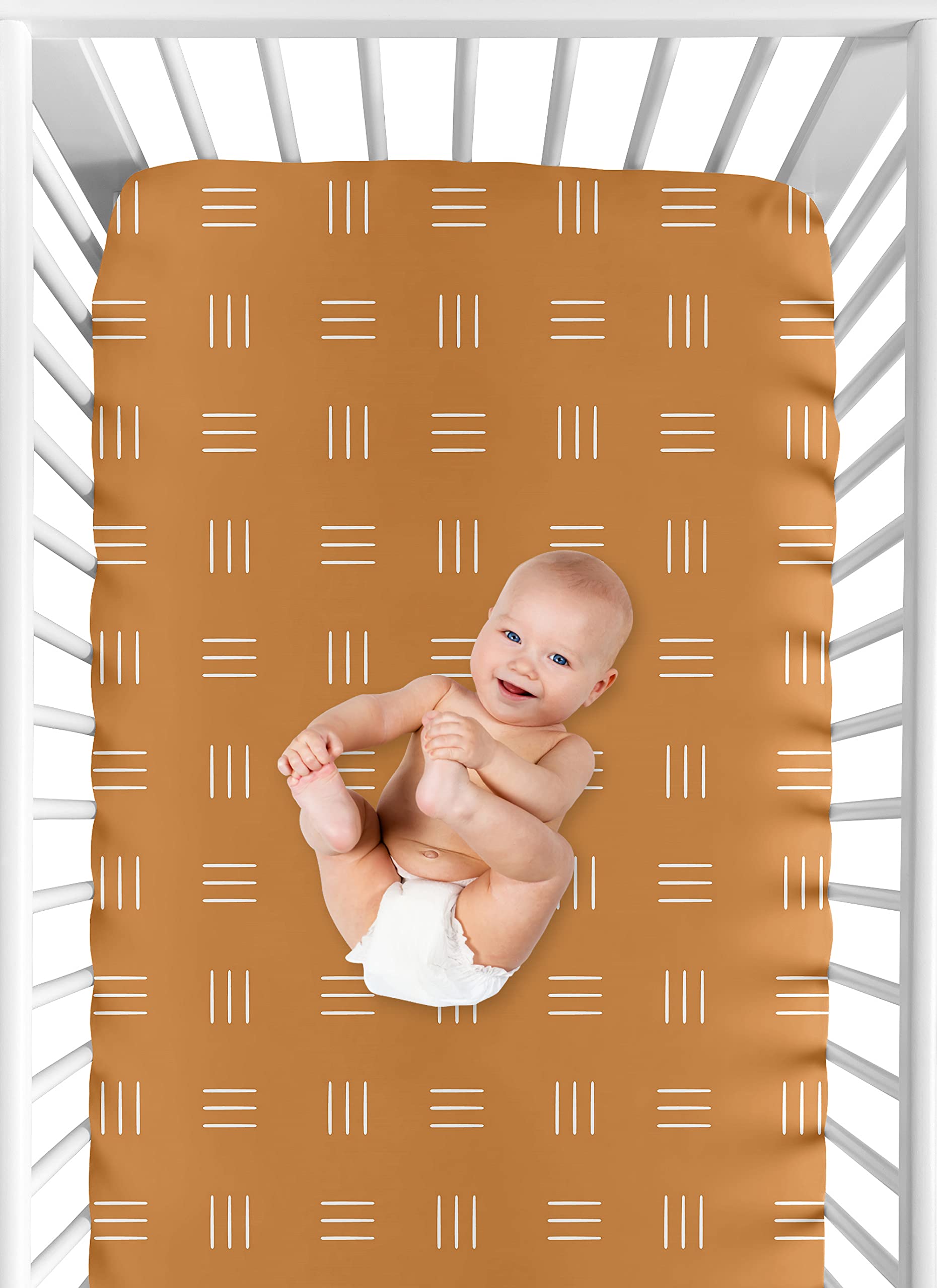 Sweet Jojo Designs Pumpkin Boho Mudcloth Boy or Girl Fitted Crib Sheet Baby or Toddler Bed Nursery - Orange and White Bohemian Woodland Tribal Southwest Mud Cloth Hatch Gender Neutral Triple Line