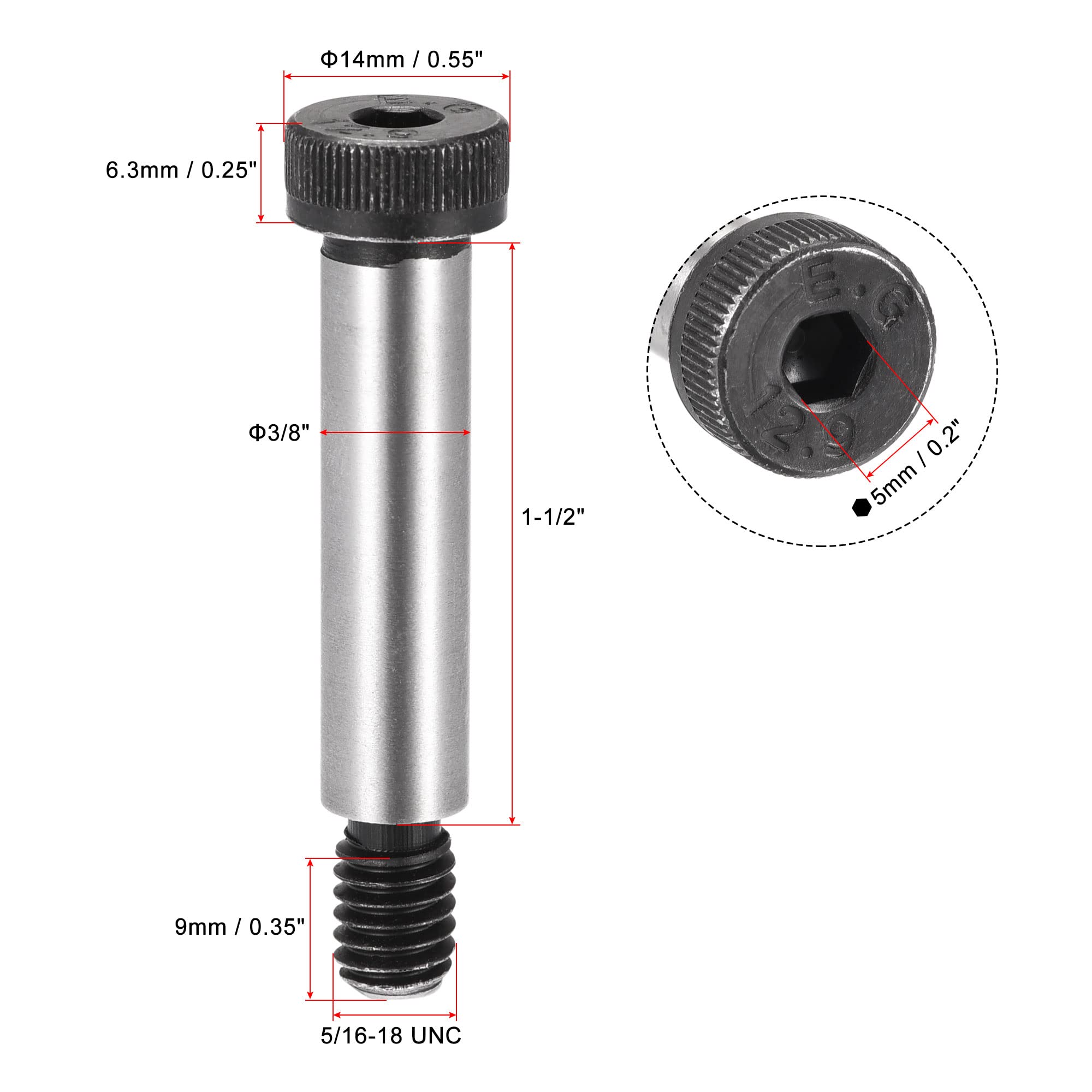 uxcell Alloy Steel Hexagon Socket Head Shoulder Screws Bolts, 1-1/2" Shoulder Length, 3/8" Shoulder Dia, 5/16-18 Thread, 6pcs