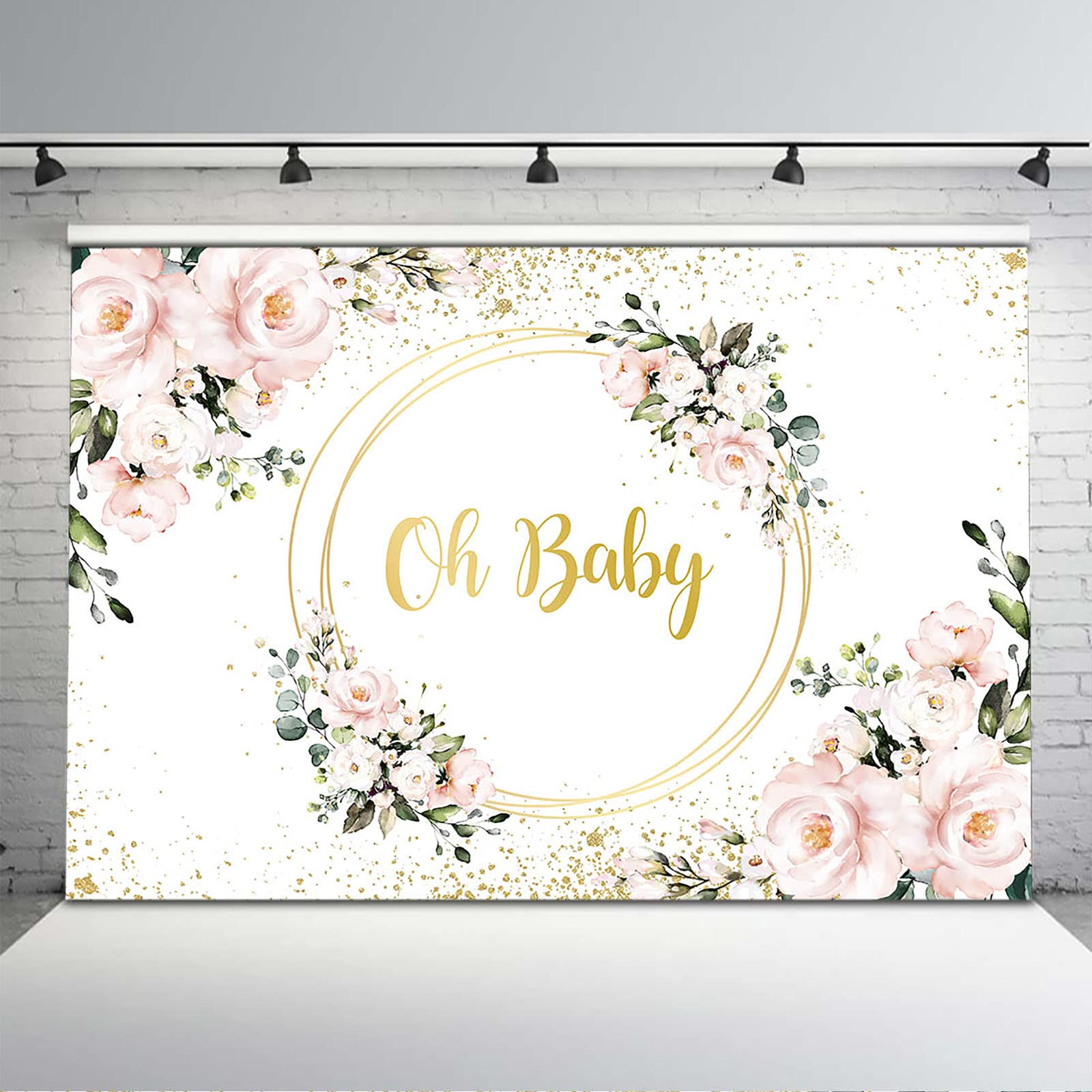 Avezano Blush Floral Baby Shower Backdrop Pink Flower Gold Dots Baby Shower Background Flowers Baby Shower Decorations for Girls (7x5)