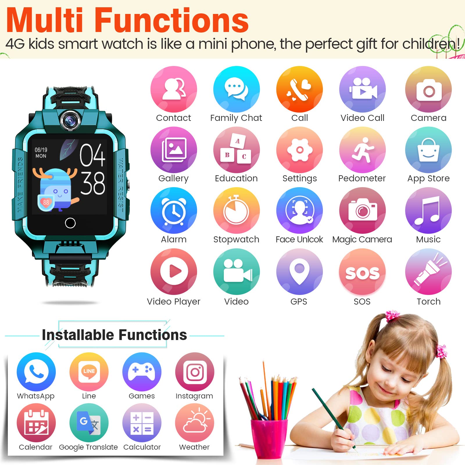 cjc Smart Watch for Kids with GPS Tracker, Phone Watch with Video Chat 3 Way Call,Camera Watch,1.4" Touchscreen Girls Boys Phone Watch 3-15 Years Child w SIM Card (Green)