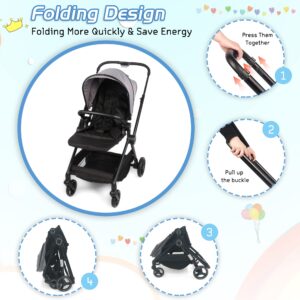 COLOR TREE Baby Stroller Lightweight Stroller for Babies and Toddlers Travel Stroller with Reversible Handle & Reclining Seat, Compact Fold, Grey