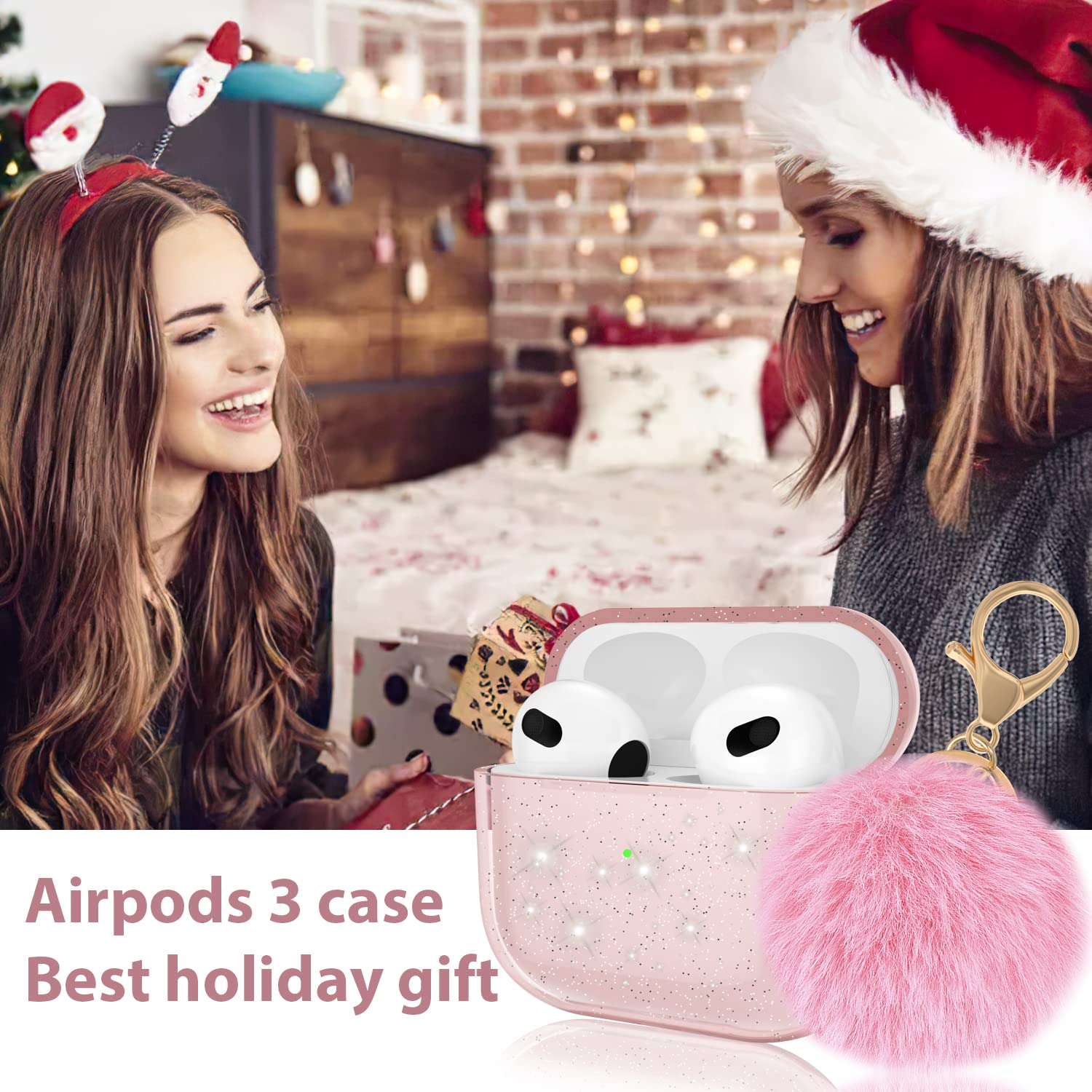 Aiiko for Airpod Case 3rd Generation Clear Glitter with Cute Pompom Keychain Soft TPU Shockproof Protective Airpod 3 Case Compatible Airpod Gen 3 Case (2021 Released) Women Girls-Glittery Pink