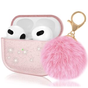 aiiko for airpod case 3rd generation clear glitter with cute pompom keychain soft tpu shockproof protective airpod 3 case compatible airpod gen 3 case (2021 released) women girls-glittery pink