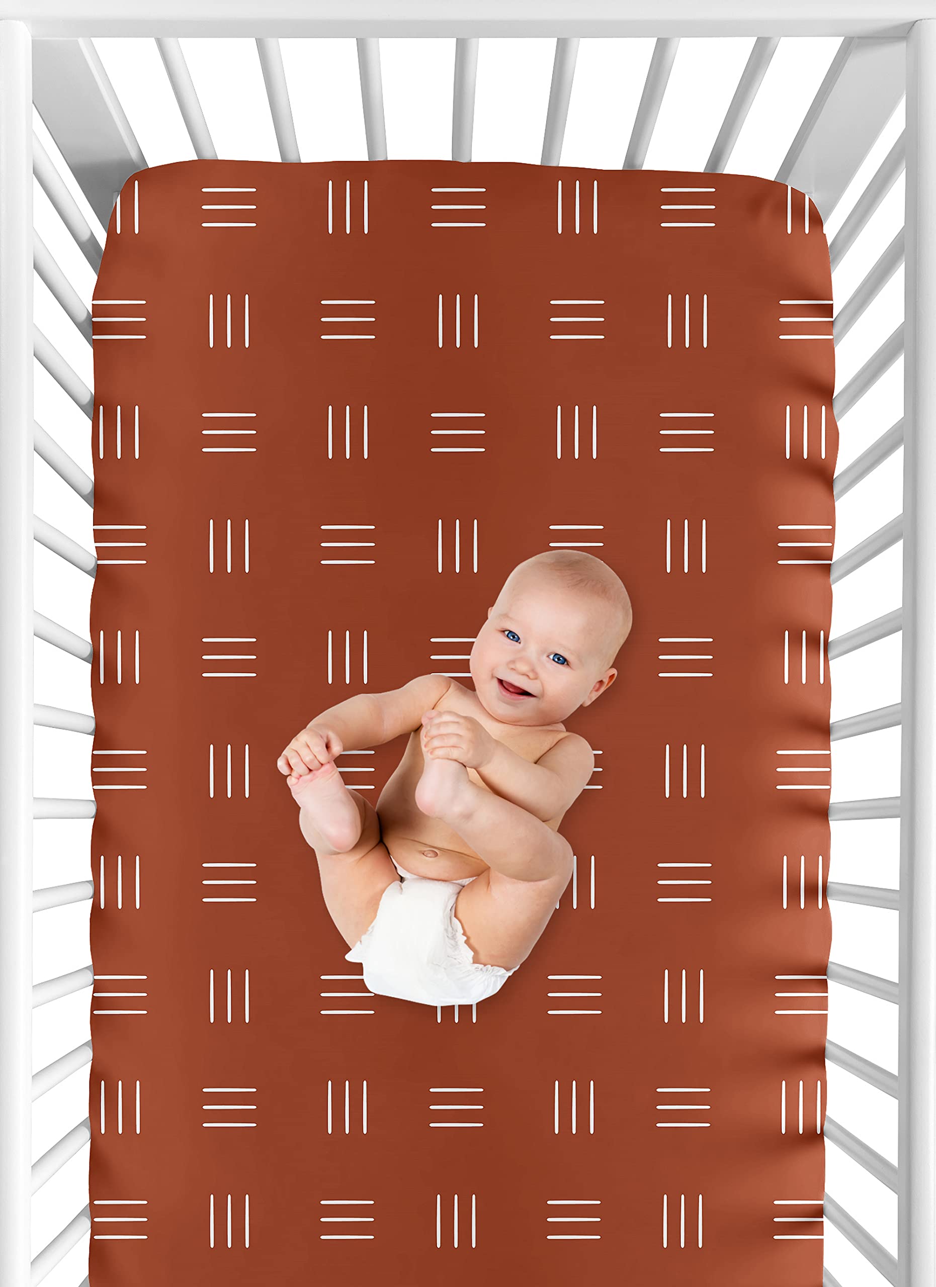 Sweet Jojo Designs Rust and White Boho Mudcloth Boy or Girl Fitted Crib Sheet Baby or Toddler Bed Nursery - Orange Bohemian Woodland Tribal Southwest Mud Cloth Hatch Gender Neutral Triple Line