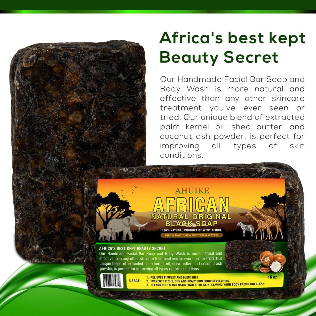 Ahuike- Pure Organic African Black Soap for Rashes, Acne Scars and Dark Spot Remover for Dry Skin and Skin Conditions - Face Soap Bar and Body Wash 16 ounces