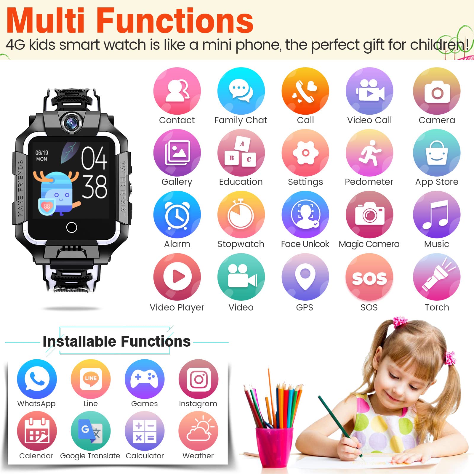 4G Smart watch for Kids, Phone Watch w GPS Tracker Watch 3-way Call Camera Video Chat Pedometer,SOS,1.4" Touch Screen WiFi Toddler Wrist Watch Boys Girls Smartphone for 3-15 Years Old Child (w SIM)