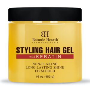 botanic hearth hair gel - with keratin protein - styling gel for curly, frizzy, straight, wavy & fine hair - flake free, strong hold and shine - for all hair types - men & women - 16 oz